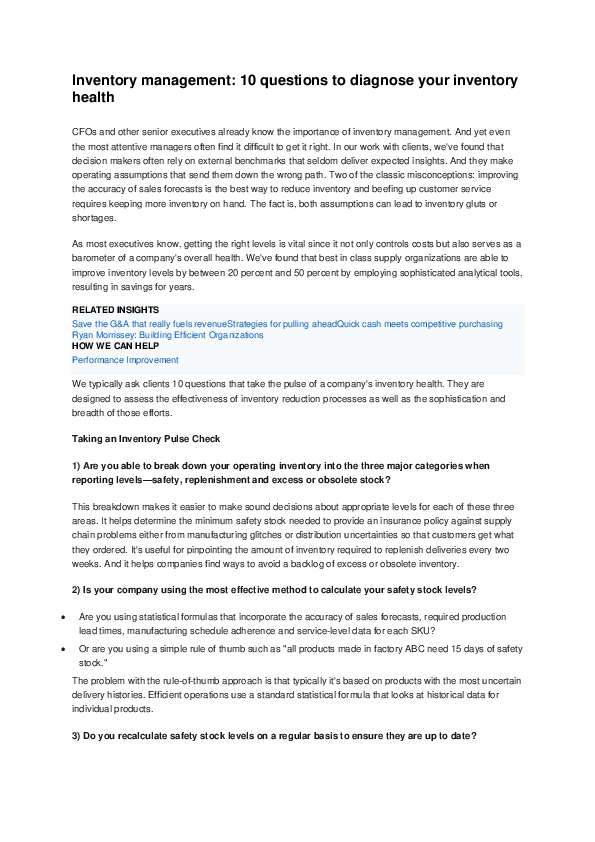 (DOC) Inventory management: 10 questions to diagnose your inventory health