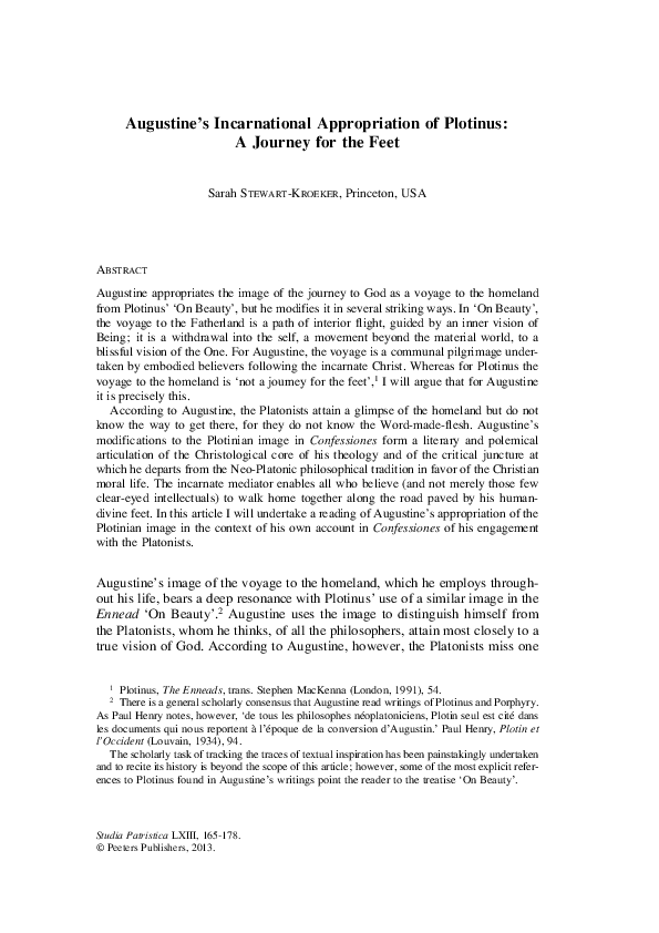 (PDF) Augustine's Incarnational Appropriation of Plotinus: A Journey for the Feet