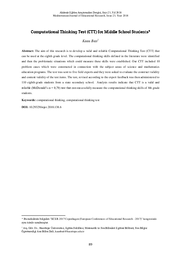 (PDF) Computational Thinking Test CTT for Middle School Students