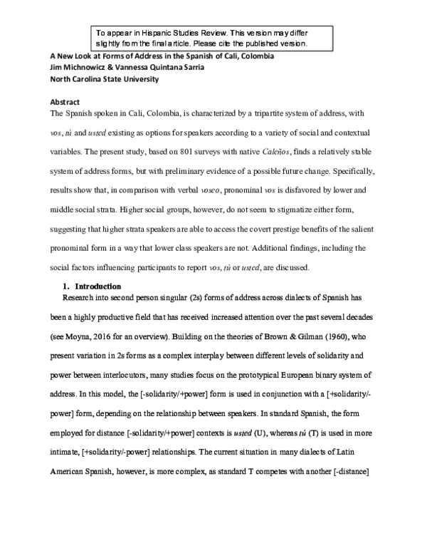 (PDF) A New Look at Forms of Address in the Spanish of Cali, Colombia