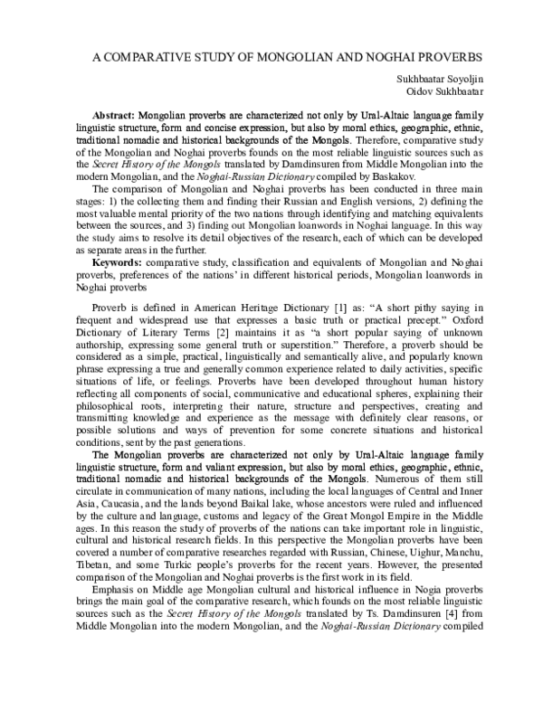 (DOC) A COMPARATIVE STUDY OF MONGOLIAN AND NOGHAI PROVERBS