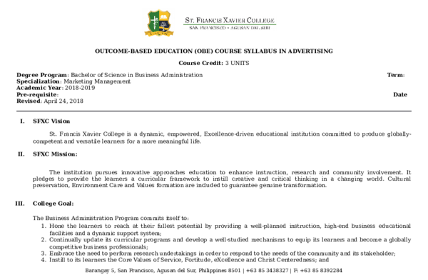 (DOC) OUTCOME-BASED EDUCATION (OBE) COURSE SYLLABUS IN ADVERTISING ...