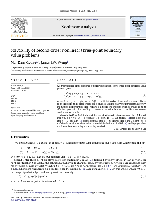 Pdf Solvability Of Second Order Nonlinear Three Point Boundary Value Problems Man Kwong
