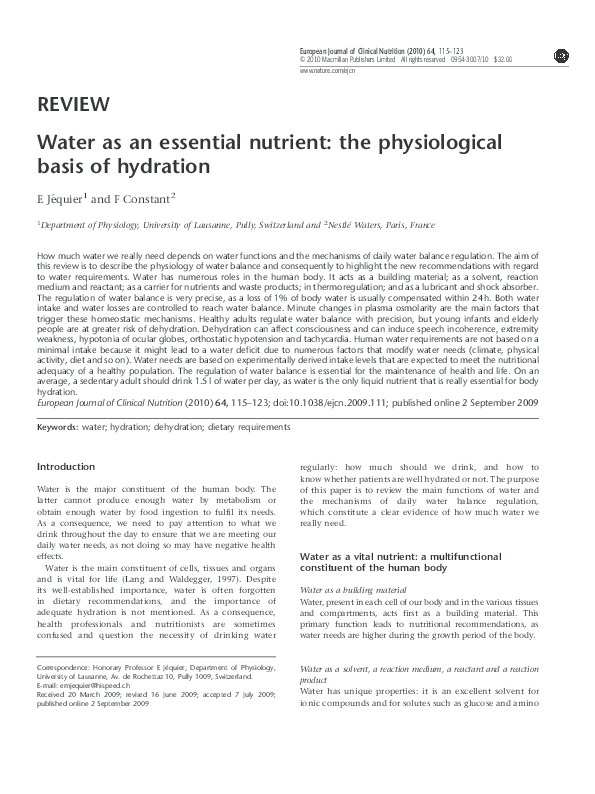 (PDF) Water as an essential nutrient: the physiological basis of hydration