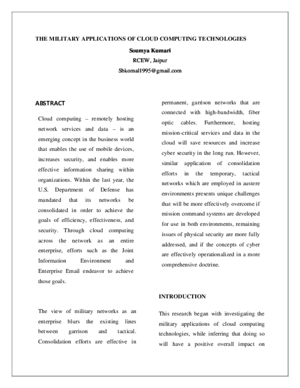 (DOC) THE MILITARY APPLICATIONS OF CLOUD COMPUTING TECHNOLOGIES