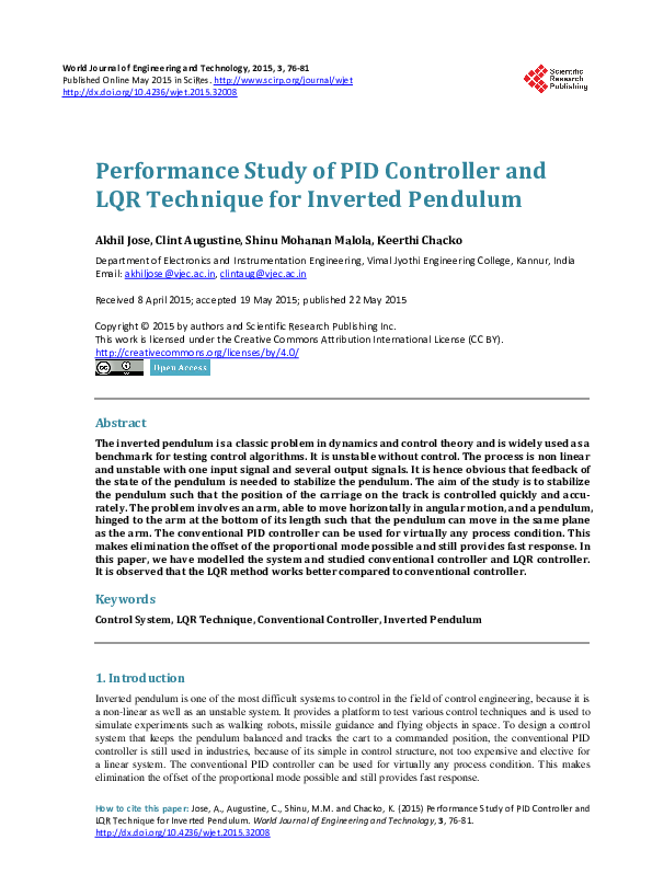 (PDF) Performance Study of PID Controller and LQR Technique for Inverted Pendulum