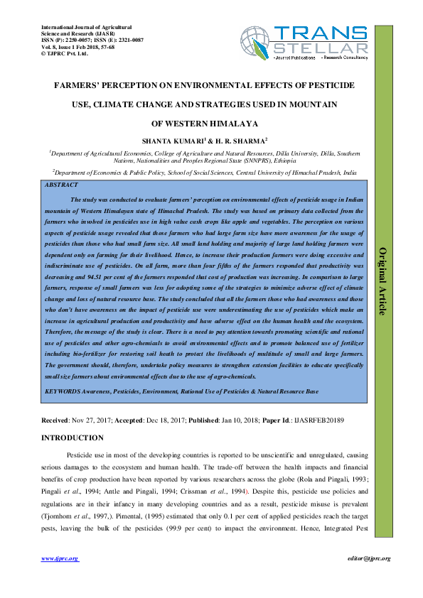 (PDF) FARMERS' PERCEPTION ON ENVIRONMENTAL EFFECTS OF PESTICIDE USE, CLIMATE CHANGE AND ...