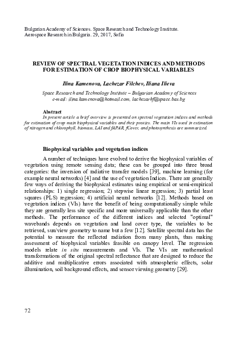 (PDF) Review of spectral vegetation indices and methods for estimation of crop biophysical variables