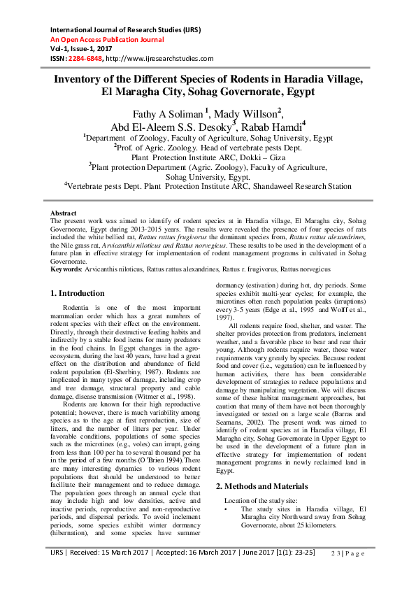 (PDF) Inventory of the Different Species of Rodents in Haradia Village ...