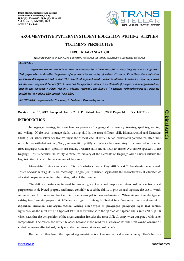 (PDF) ARGUMENTATIVE PATTERN IN STUDENT EDUCATION WRITING: STEPHEN ...