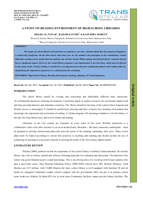 (PDF) A STUDY ON READING ENVIRONMENT OF HIGH SCHOOL LIBRARIES