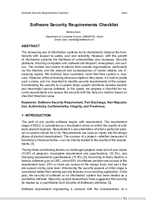 (PDF) Software Security Requirements Checklist