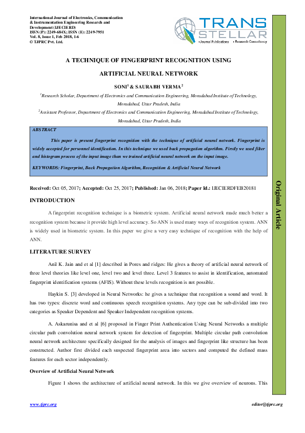 Pdf A Technique Of Fingerprint Recognition Using Artificial Neural