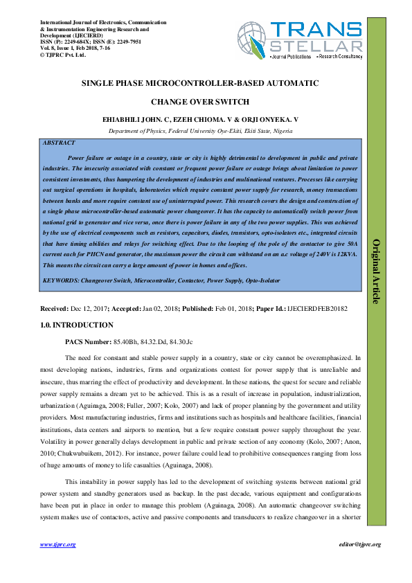 (PDF) SINGLE PHASE MICROCONTROLLER-BASED AUTOMATIC CHANGE OVER SWITCH
