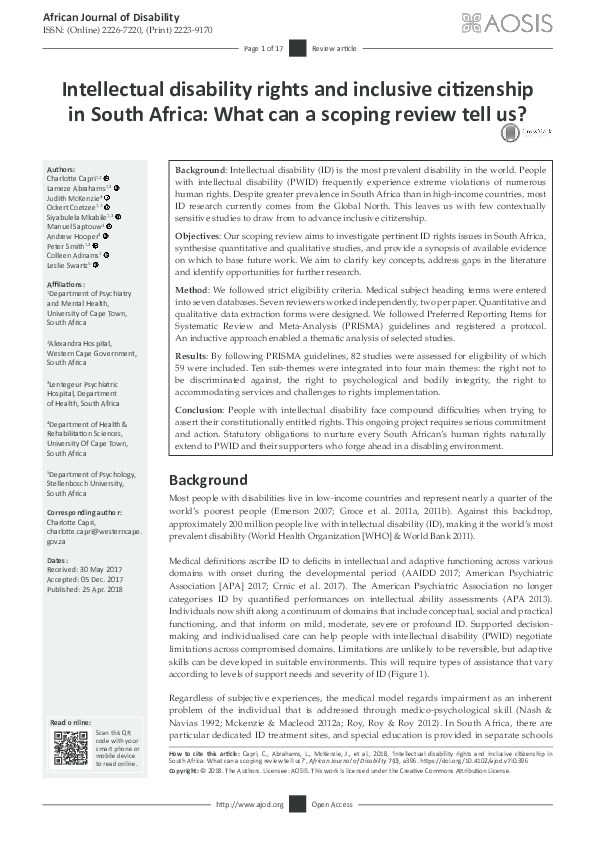 (PDF) Intellectual disability rights and inclusive citizenship in South ...