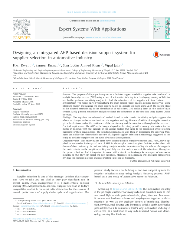 Pdf Expert Systems With Applications Designing An Integrated Ahp Based Decision Support System