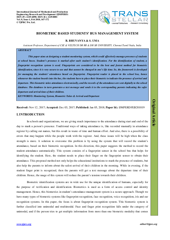 (PDF) BIOMETRIC BASED STUDENTS' BUS MANAGEMENT SYSTEM