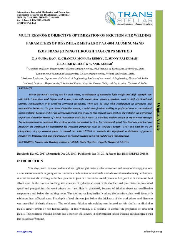 Pdf Multi Response Objective Optimization Of Friction Stir Welding