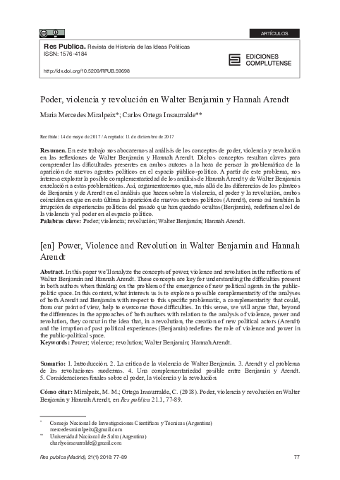(PDF) Poder, violencia y revolucion en Walter Benjamin y Hannah Arendt