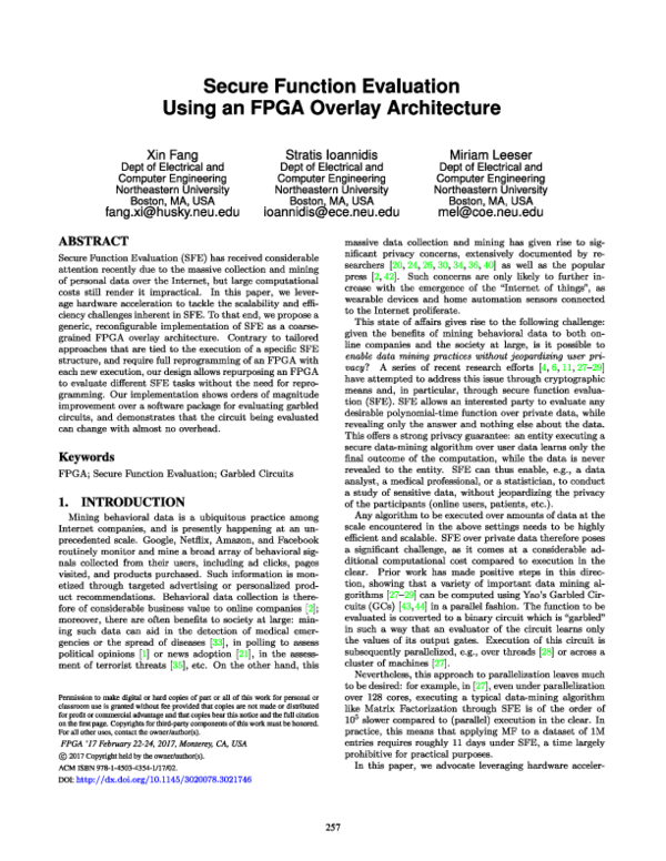 Pdf Secure Function Evaluation Using An Fpga Overlay Architecture Xin Fang 1307