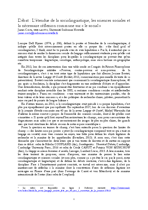 (PDF) Débat : L’étendue de la sociolinguistique, les sciences sociales ...