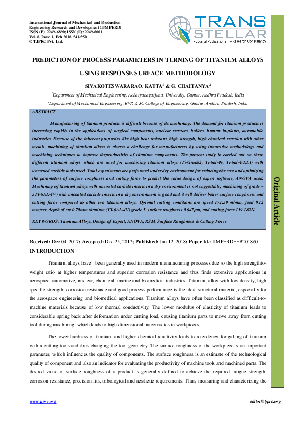Pdf Prediction Of Process Parameters In Turning Of Titanium Alloys Using Response Surface