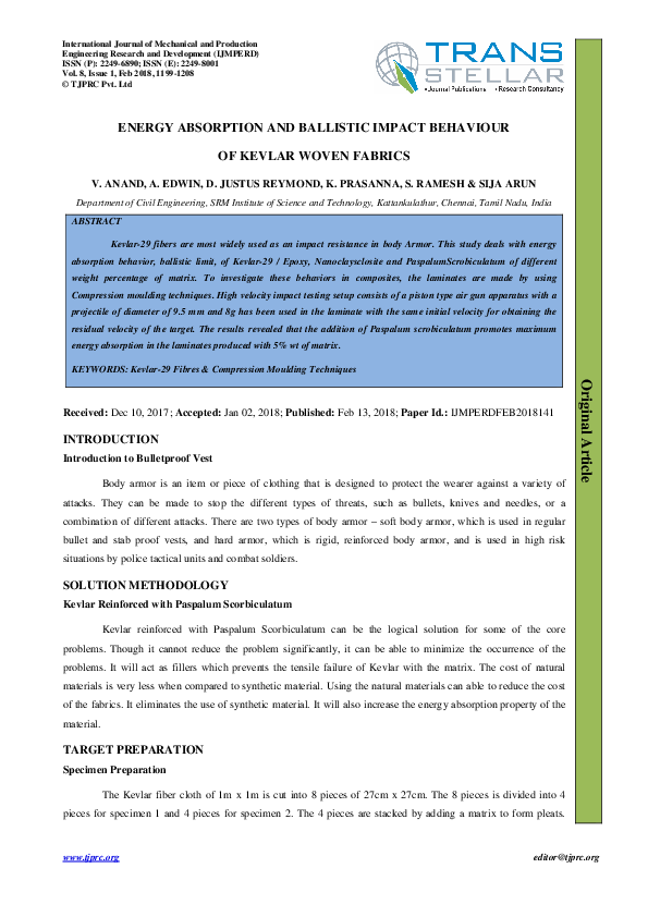 Pdf Energy Absorption And Ballistic Impact Behaviour Of Kevlar Woven Fabrics