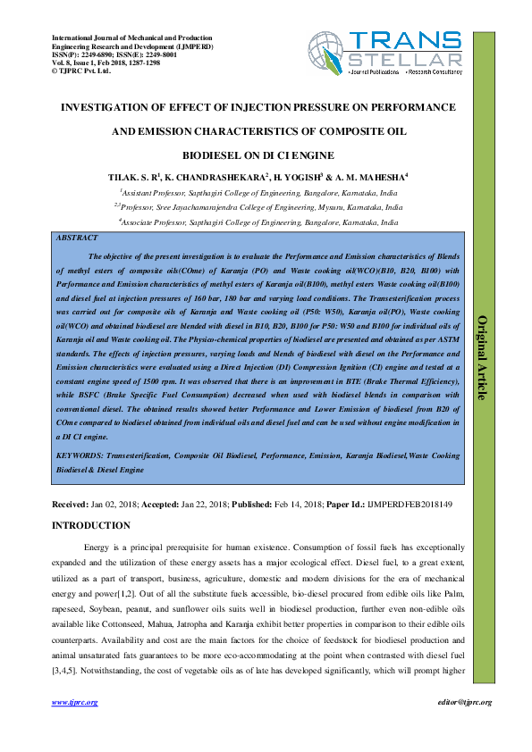 (PDF) INVESTIGATION OF EFFECT OF INJECTION PRESSURE ON PERFORMANCE AND EMISSION CHARACTERISTICS ...