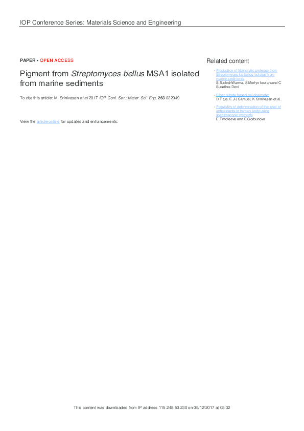 (PDF) Pigment from Streptomyces bellus MSA1 isolated from marine sediments