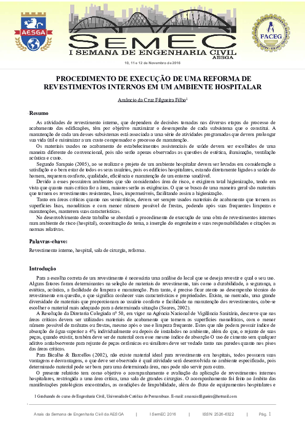 (PDF) PROCEDIMENTO DE EXECUÇÃO DE UMA REFORMA DE REVESTIMENTOS INTERNOS ...
