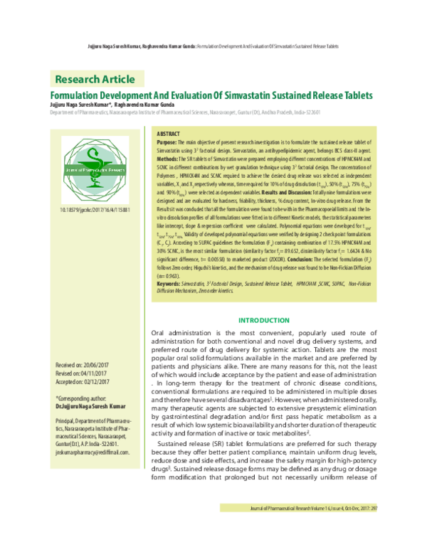 Pdf Formulation Development And Evaluation Of Simvastatin Sustained Release Tablets