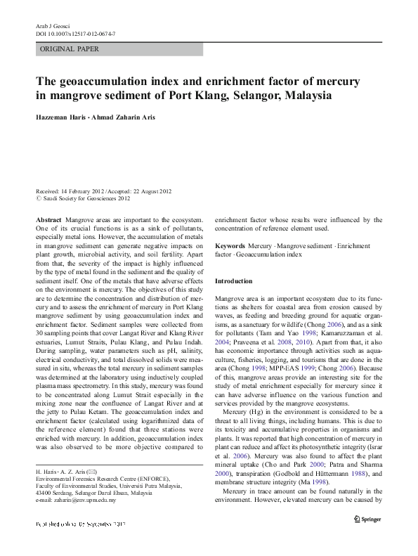 (PDF) The geoaccumulation index and enrichment factor of mercury in ...
