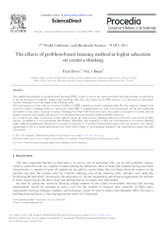 (PDF) ScienceDirect The effects of problem-based learning method in higher education on creative ...