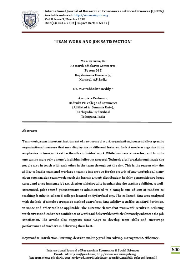 (PDF) “TEAM WORK AND JOB SATISFACTION”
