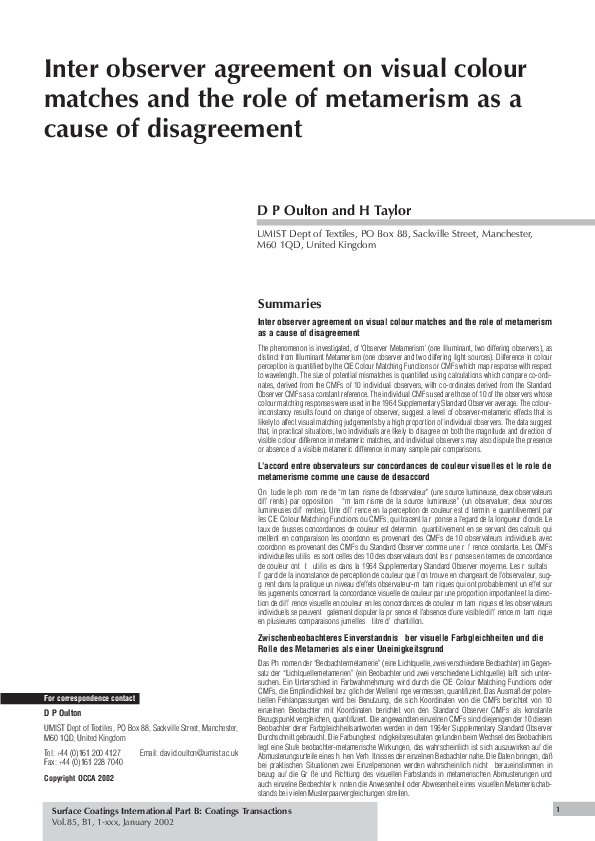 (PDF) Inter observer agreement and the role of metamerism as a cause of ...