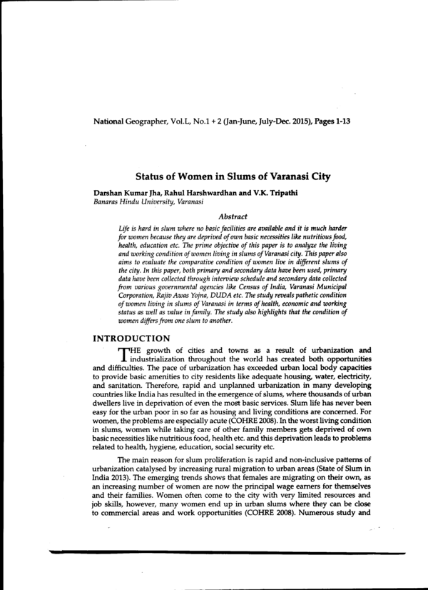 (PDF) Status of Women in Slums of Varanasi city