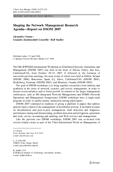 (PDF) Shaping the Network Management Research Agenda—Report on DSOM 2007