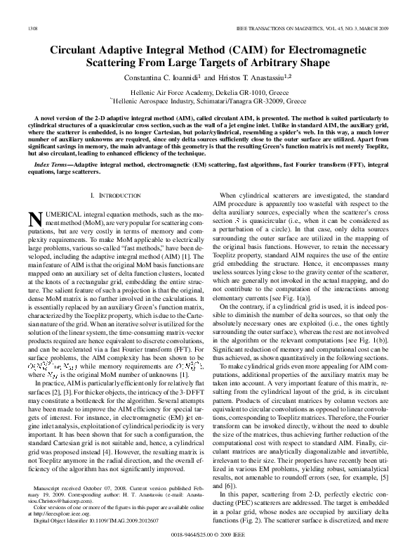 (PDF) Circulant Adaptive Integral Method (CAIM) for Electromagnetic Scattering From Large ...