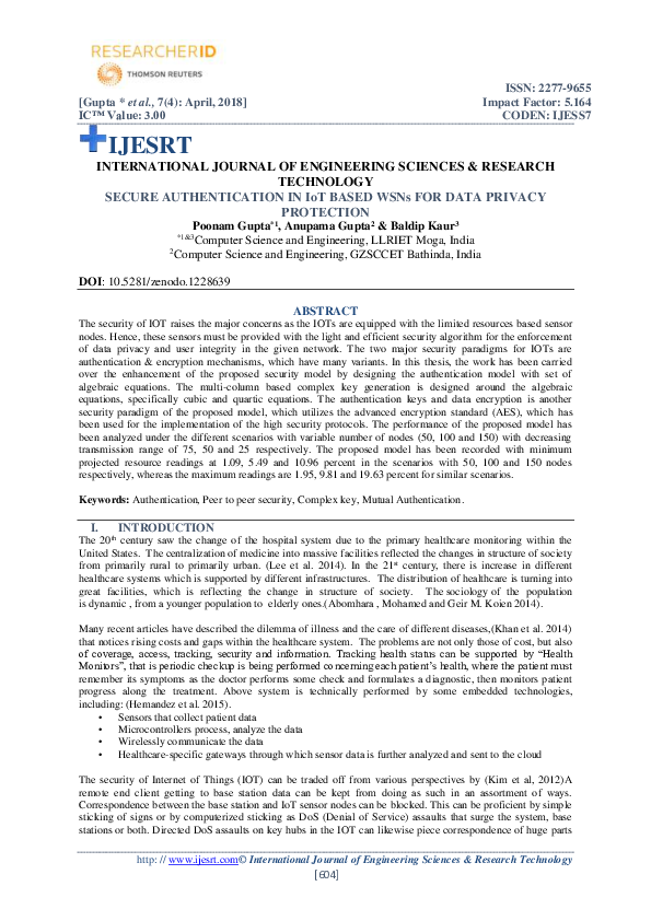 Pdf Secure Authentication In Iot Based Wsns For Data Privacy Protection