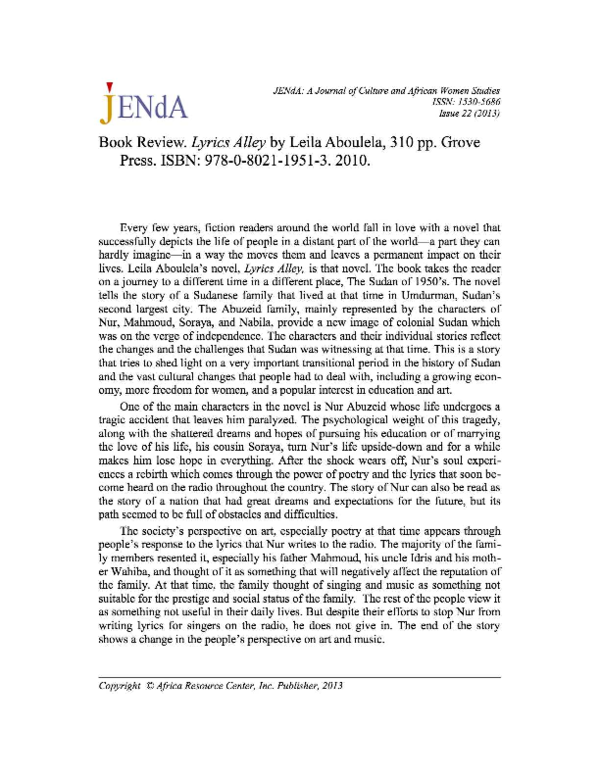 (PDF) Lyrics Alley by Leila Aboulela: A book review