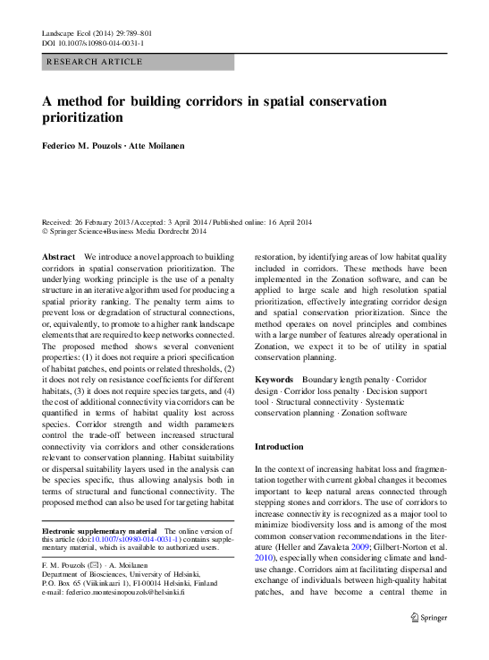 (PDF) A method for building corridors in spatial conservation prioritization