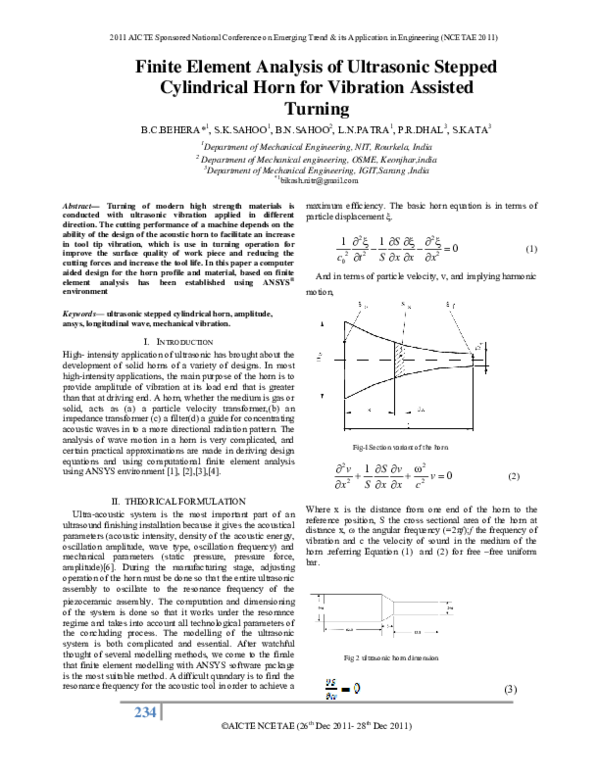 (PDF) Finite Element Analysis of Ultrasonic Stepped Cylindrical Horn for Vibration Assisted Turning