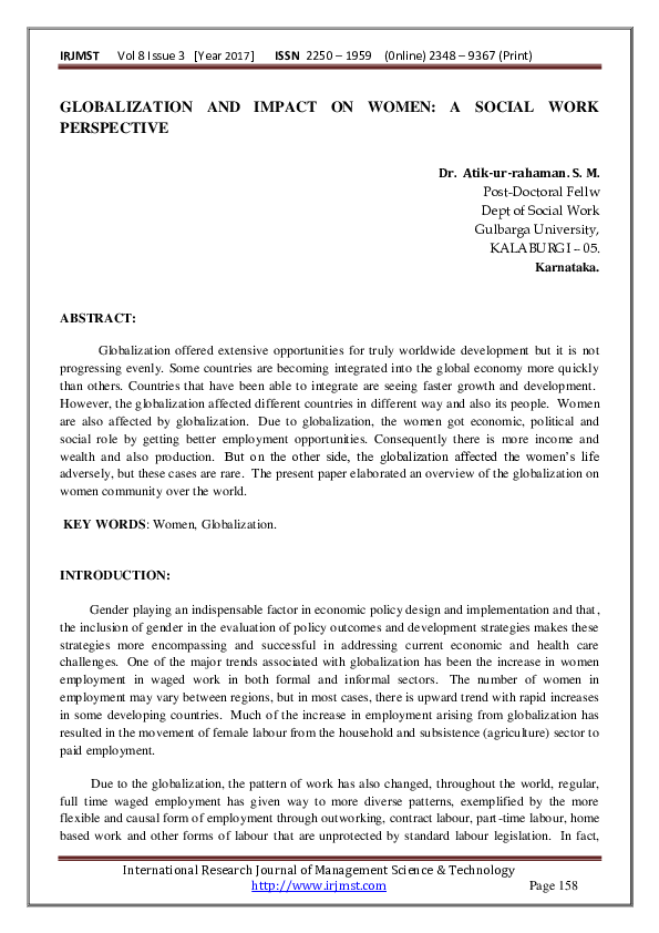 (PDF) GLOBALIZATION AND IMPACT ON WOMEN: A SOCIAL WORK PERSPECTIVE