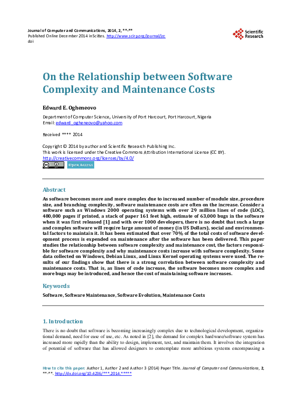 (PDF) On the Relationship between Software Complexity and Maintenance Costs