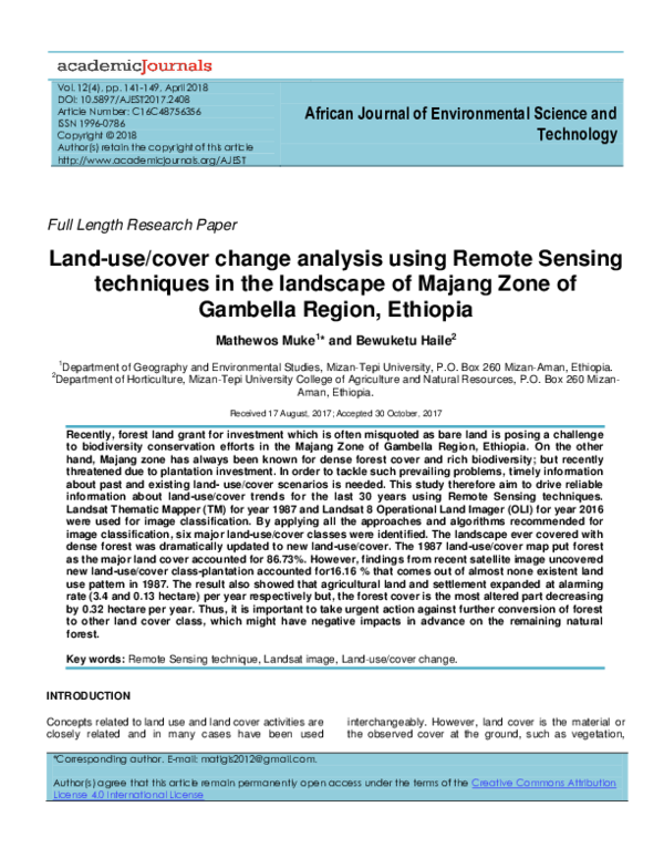 (PDF) Land-use/cover change analysis using Remote Sensing techniques in the landscape of Majang ...