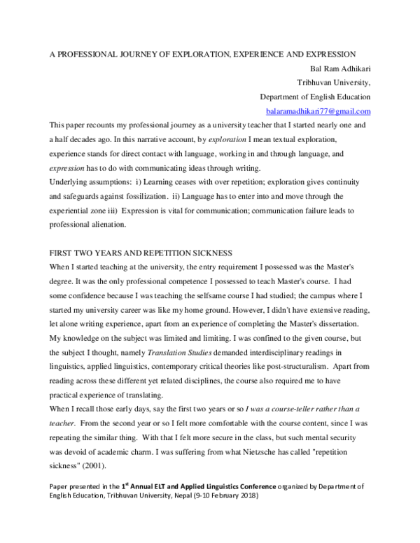 (PDF) A PROFESSIONAL JOURNEY OF EXPLORATION, EXPERIENCE AND EXPRESSION