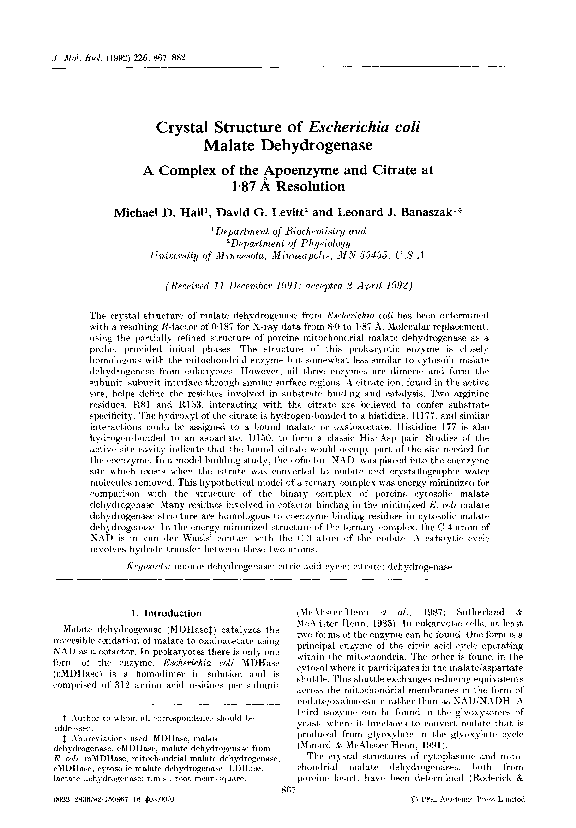 (PDF) Crystal structure of Escherichia coli malate dehydrogenase: A ...