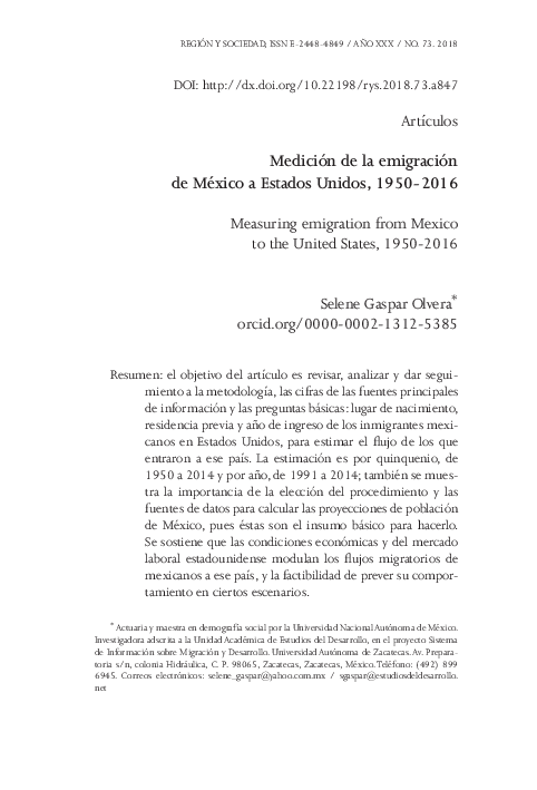(PDF) Selene Gaspar Olvera. Medición de la emigración de México a ...