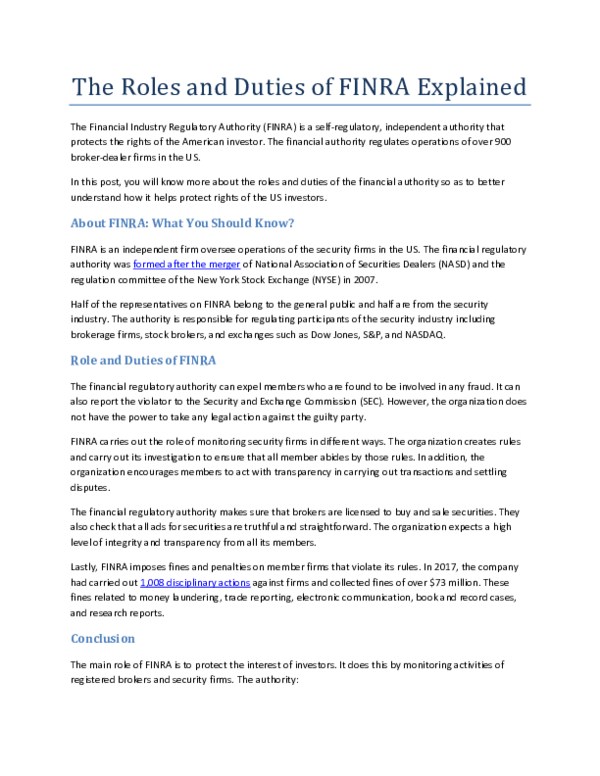 (DOC) The Roles and Duties of FINRA Explained
