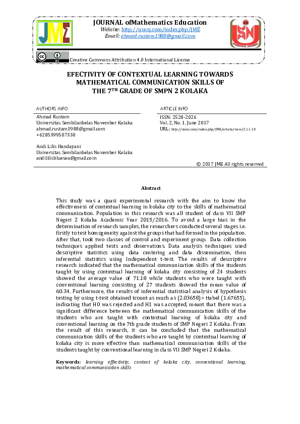 (PDF) EFECTIVITY OF CONTEXTUAL LEARNING TOWARDS MATHEMATICAL ...